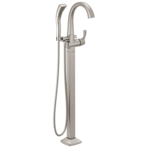 delta dt4777ssfl stryke floor mounted tub filler with integrated diverter and hand shower - less rough in stainless