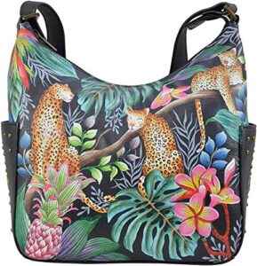 anuschka women's hand-painted genuine leather classic hobo with studded side pockets - jungle queen