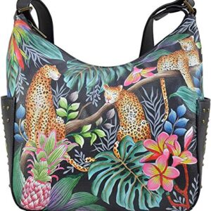 Anuschka Women's Hand-Painted Genuine Leather Classic Hobo With Studded Side Pockets - Jungle Queen