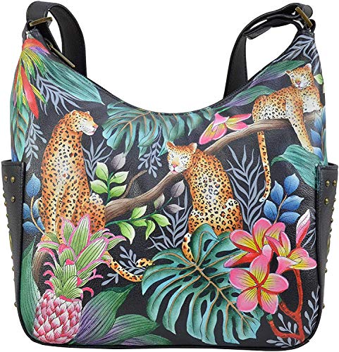 Anuschka Women's Hand-Painted Genuine Leather Classic Hobo With Studded Side Pockets - Jungle Queen