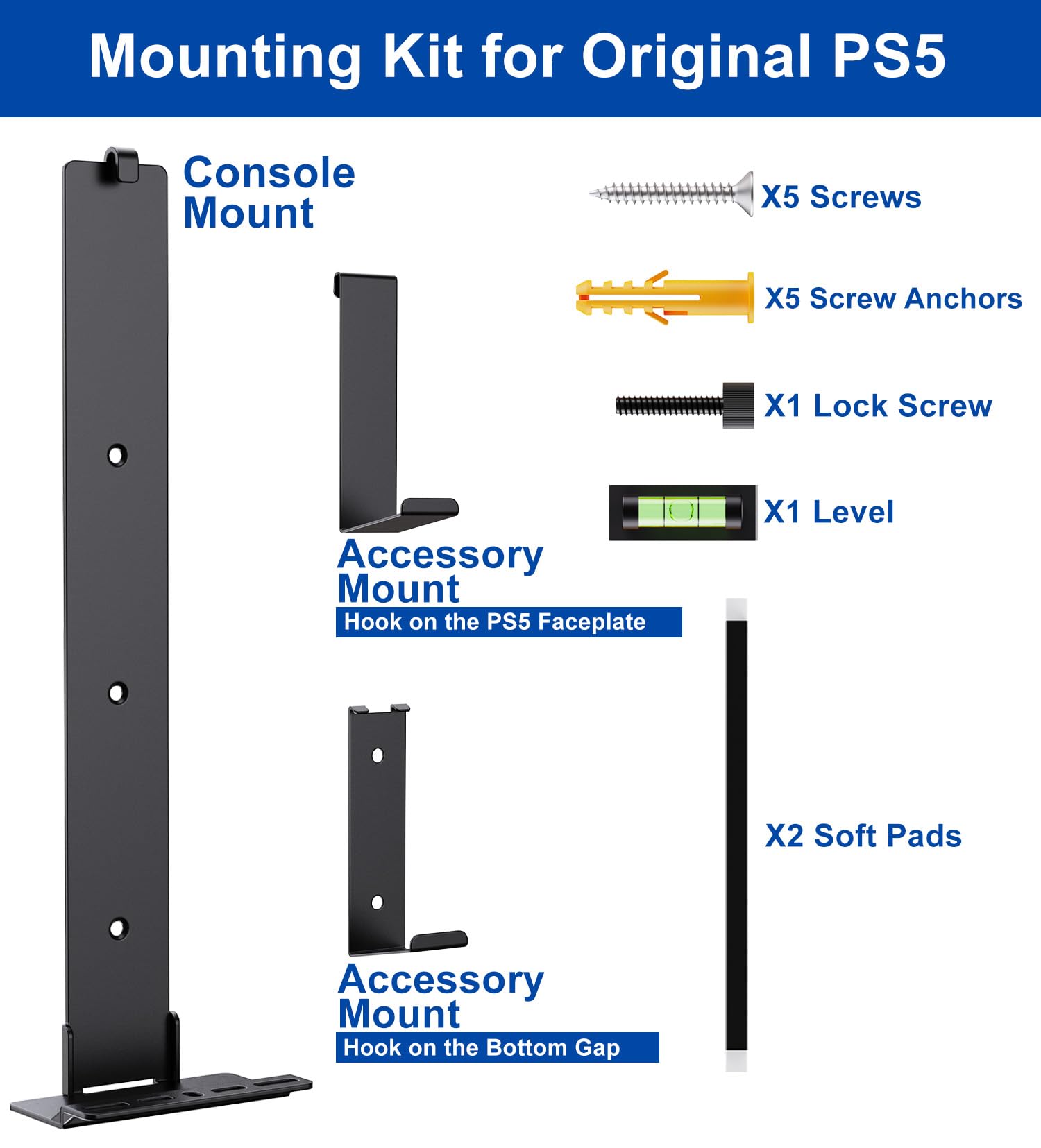 PS5 Wall Mount for PlayStation 5 Disc Edition and Digital Edition (Mount The Console on Wall Near or Behind TV with Invisible Design), Including 2 Accessories Holders (Black) - Not for PS5 Slim