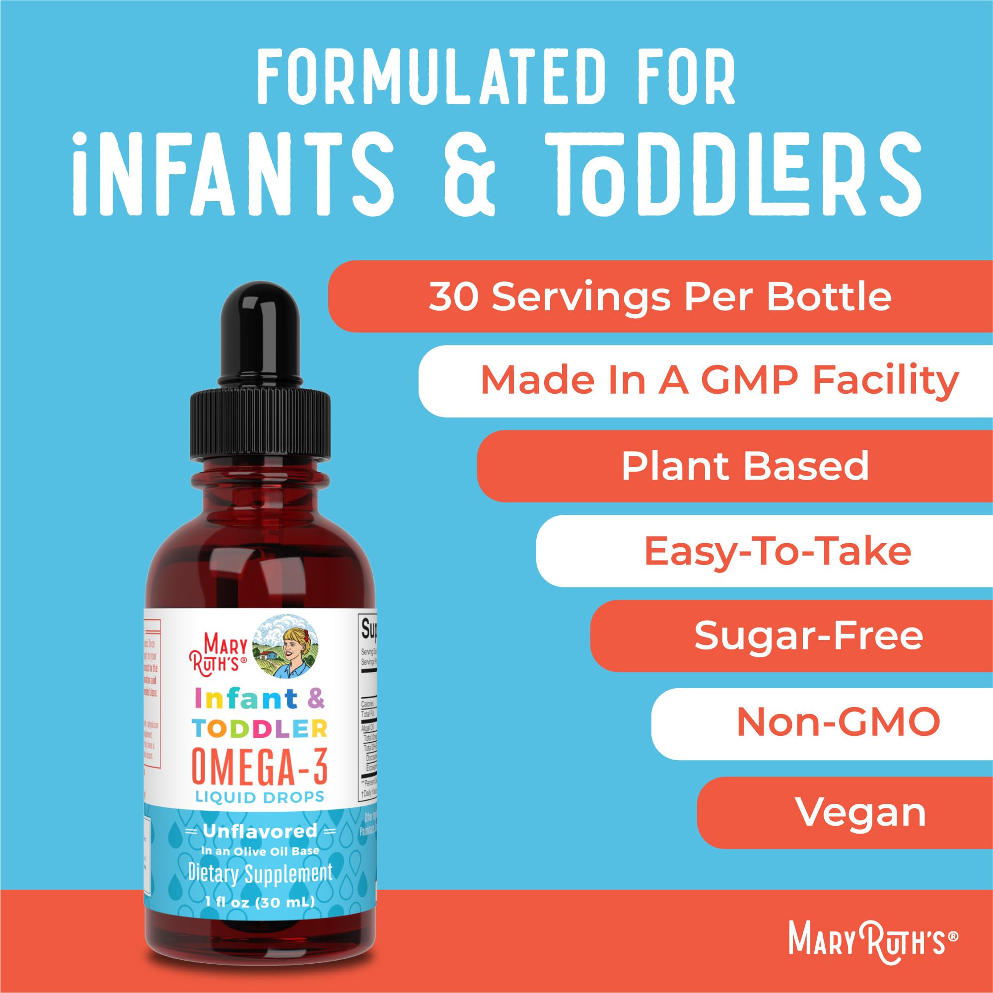 MaryRuth's Infant and Toddler Omega-3 Liquid Drops by | 200mg DHA and 2mg EPA Per Serving | Overall Wellness and Healthy Development | Unflavored | 1 Fl Oz