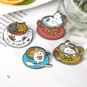 ink2055 Cartoon Cat Coffee Cup Brooch Bag Hats Lapel Enamel Paint Pin Garment Badge Gift,Vintage Fashion Brooch Pins for Women Teen Girls Crafts Gift - 2