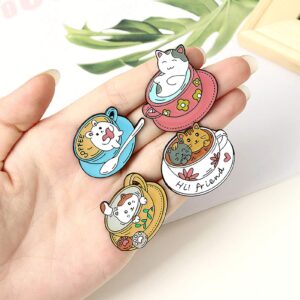 ink2055 Cartoon Cat Coffee Cup Brooch Bag Hats Lapel Enamel Paint Pin Garment Badge Gift,Vintage Fashion Brooch Pins for Women Teen Girls Crafts Gift - 2