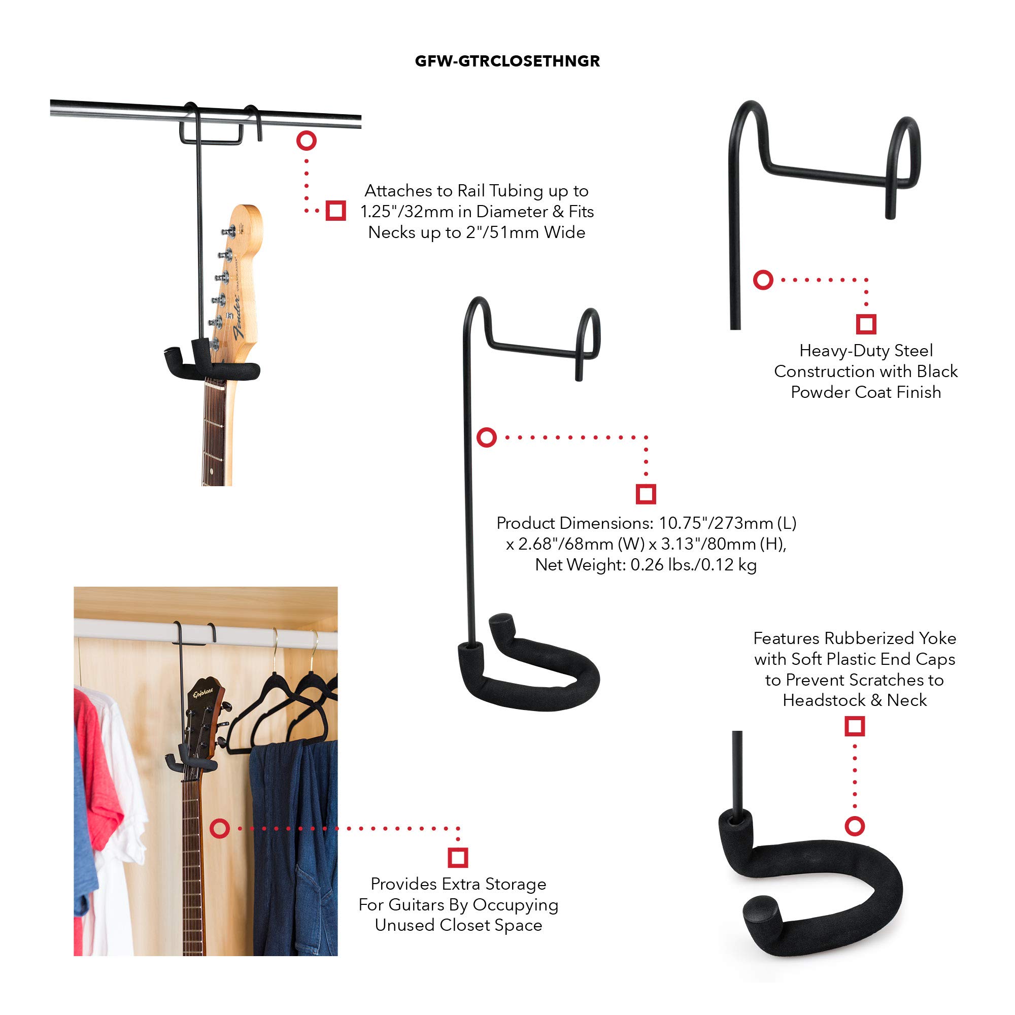 Gator Frameworks Closet Hanger Yoke for Acoustic, Electric & Bass Guitars (GFW-GTRCLOSETHNGR)