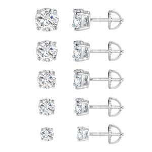 18k white gold plated 4 pong round clear cubic zirconia screw back stud earring pack of 5 pairs (5 pairs)…