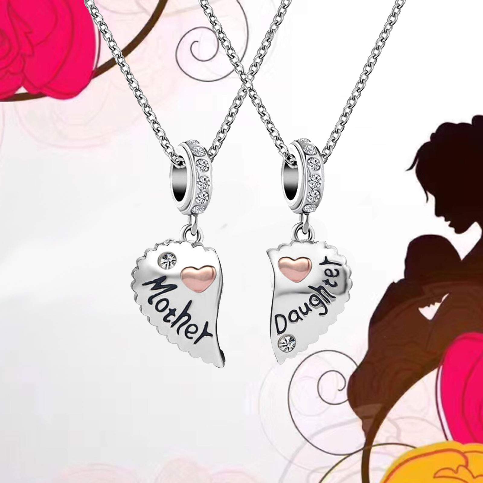 KunBead Mother and Daughter Matching Love Rose Gold Heart Necklace Set for 2 Pendant Jewelry Necklace for Mom Mothers Day Gift