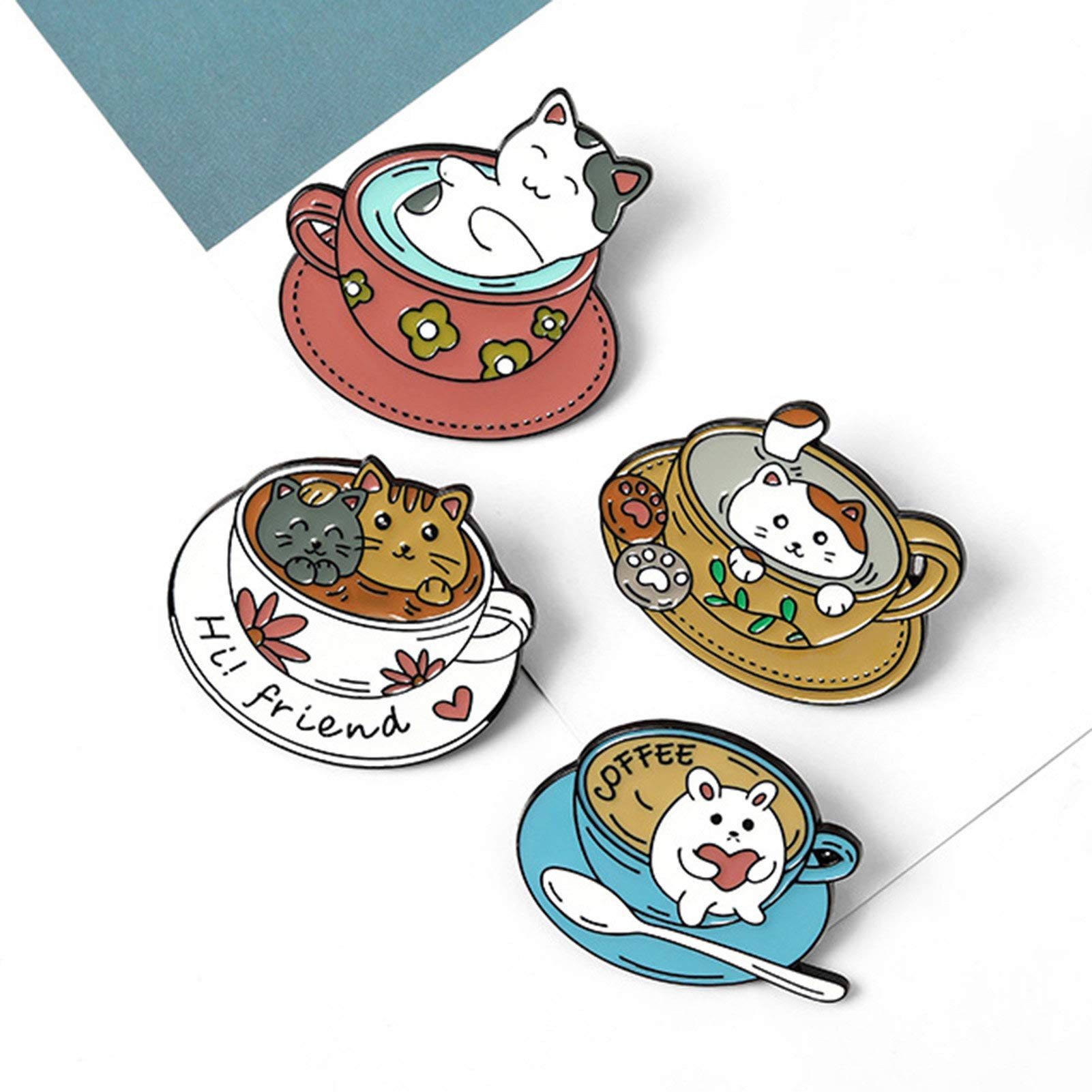 ink2055 Cartoon Cat Coffee Cup Brooch Bag Hats Lapel Enamel Paint Pin Garment Badge Gift,Vintage Fashion Brooch Pins for Women Teen Girls Crafts Gift - 2