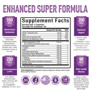 Purely Optimal Premium 5-HTP Plus Supplement 250mg Maximum Strength - Enhanced with Vitamin B6, Gluten Free, Non-GMO, 60 Veggie Caps