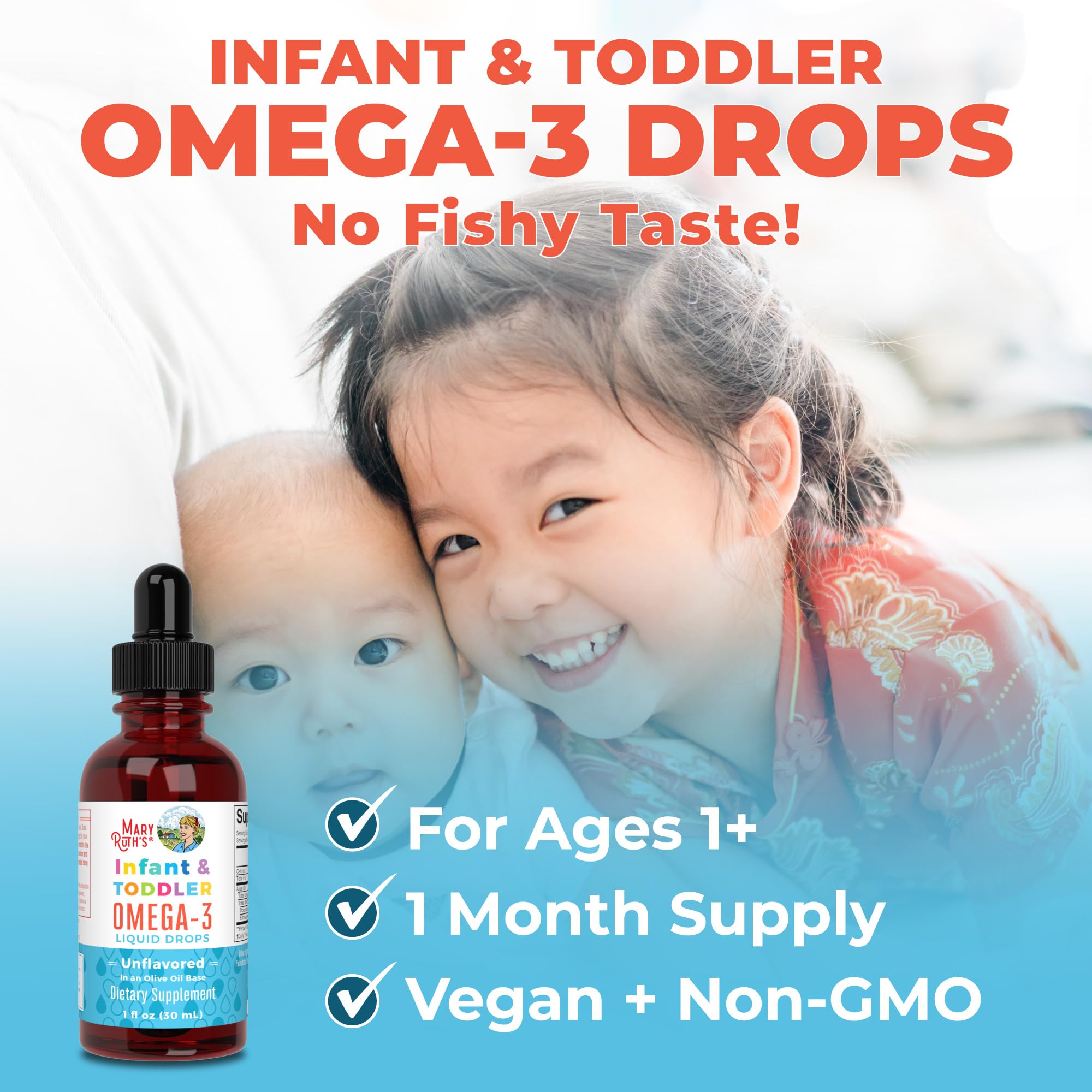 MaryRuth's Infant and Toddler Omega-3 Liquid Drops by | 200mg DHA and 2mg EPA Per Serving | Overall Wellness and Healthy Development | Unflavored | 1 Fl Oz