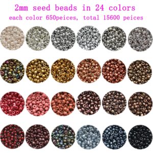 VOOMOLOVE 12/0 Glass Seed Beads About 15600pcs 24 Colors 2mm Loose Seed Beads Kit Bracelet Making Beads with 24-Grid Plastic Storage Box for Jewelry Making