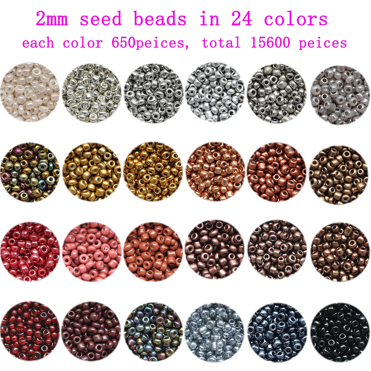 VOOMOLOVE 12/0 Glass Seed Beads About 15600pcs 24 Colors 2mm Loose Seed Beads Kit Bracelet Making Beads with 24-Grid Plastic Storage Box for Jewelry Making