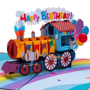 paper love happy birthday train, handmade 3d pop up birthday card - 5"x7" cover - includes envelope and note tag