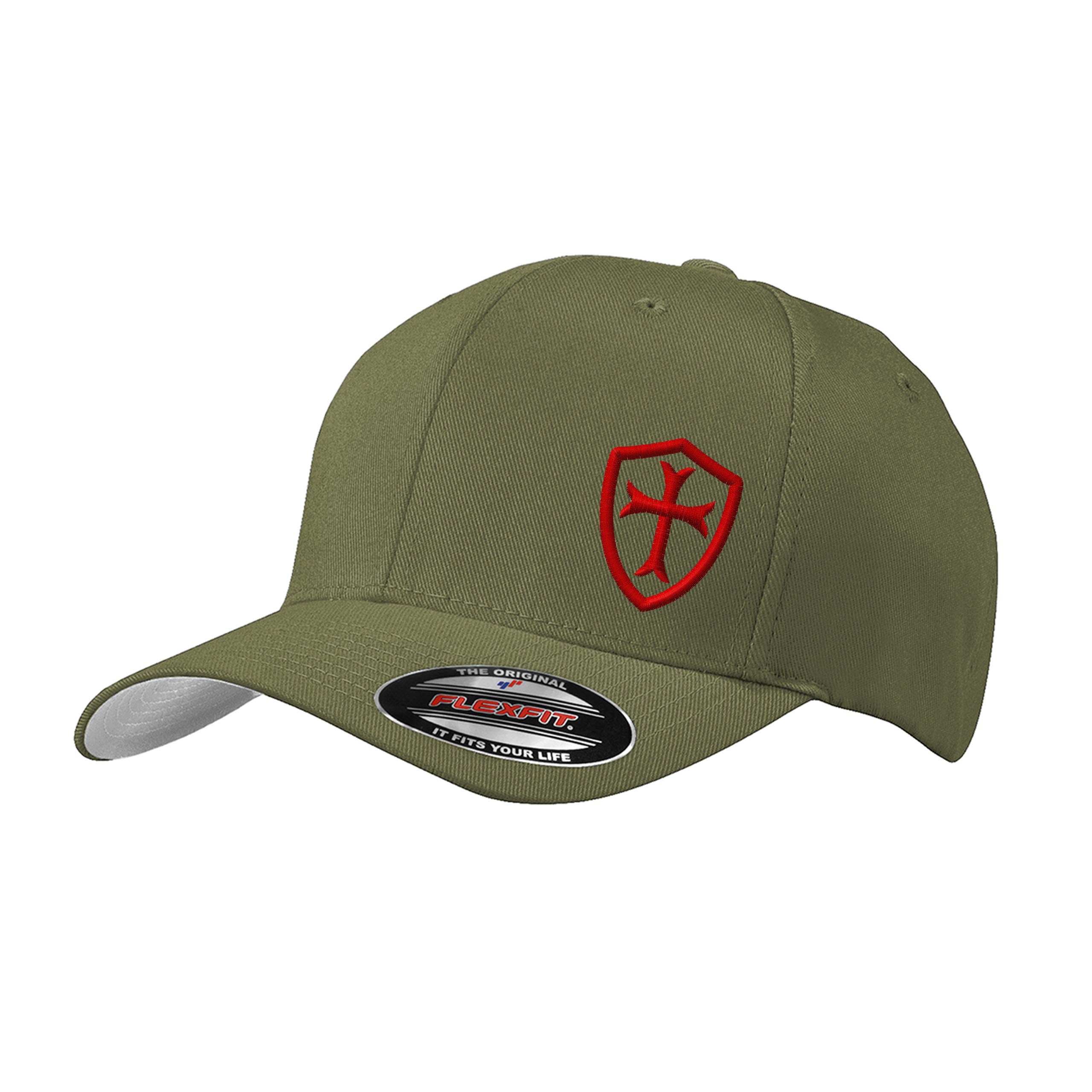 Knights Templar Crusader Cross Baseball Flexfit Hat | Custom Embroidered (Large-XLarge, Olive)