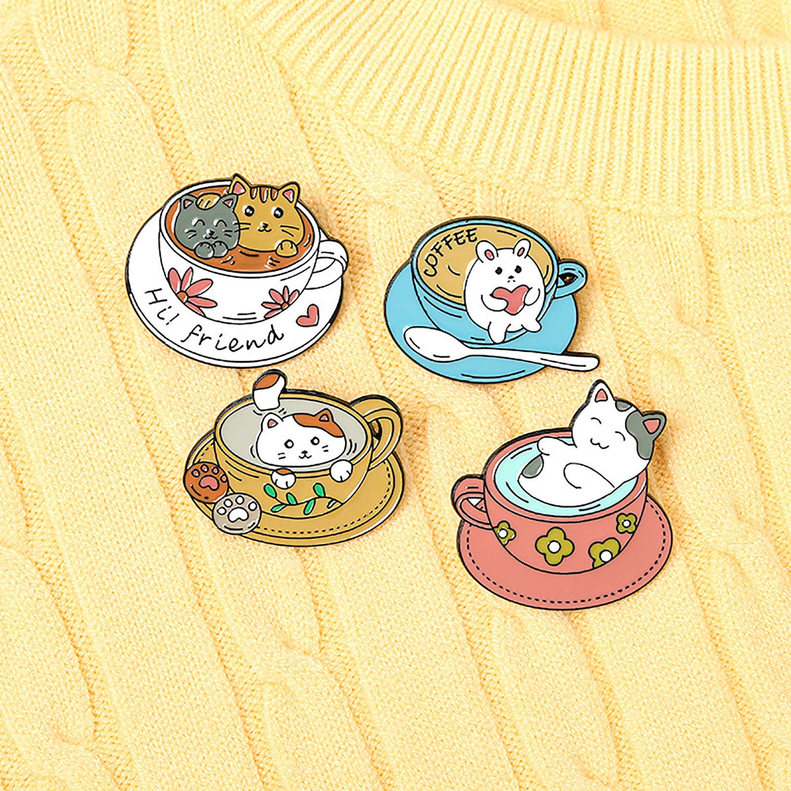 ink2055 Cartoon Cat Coffee Cup Brooch Bag Hats Lapel Enamel Paint Pin Garment Badge Gift,Vintage Fashion Brooch Pins for Women Teen Girls Crafts Gift - 2