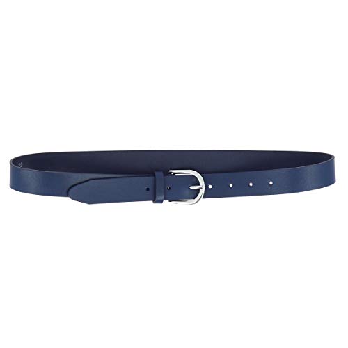 FASHIONGEN - Women's belt in vegetable-tanned bull leather, 3 cm wide, RIVOLI - Navy blue (Silver buckle), 85 cm (34 in) / Pants size 31 to 32