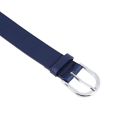 FASHIONGEN - Women's belt in vegetable-tanned bull leather, 3 cm wide, RIVOLI - Navy blue (Silver buckle), 85 cm (34 in) / Pants size 31 to 32