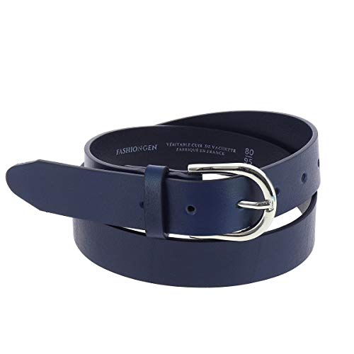 FASHIONGEN - Women's belt in vegetable-tanned bull leather, 3 cm wide, RIVOLI - Navy blue (Silver buckle), 85 cm (34 in) / Pants size 31 to 32