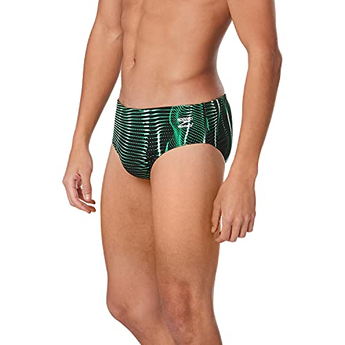 Speedo Men's Standard Swimsuit Brief Endurance+ Printed Team Colors, Solar Green, 28