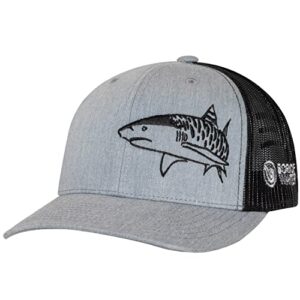 tiger shark scuba diving trucker hat: mens adjustable snapback for fishing, spearfishing - heather gray/black/black