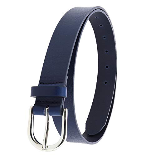 FASHIONGEN - Women's belt in vegetable-tanned bull leather, 3 cm wide, RIVOLI - Navy blue (Silver buckle), 85 cm (34 in) / Pants size 31 to 32