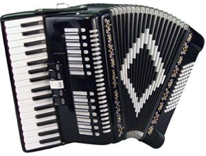 sofiamari sm3472 piano accordion w/free nac-4872 roll away case, a $160 value. 34 key, 72 bass, leather harness straps also included. (gloss black))