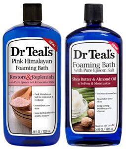 dr teal's foaming bath variety gift set (2 pack, 34oz ea) - restore & replenish pink himalayan, soften & moisturize shea butter & almond oil - essential oils blended with pure epsom salt eases pain