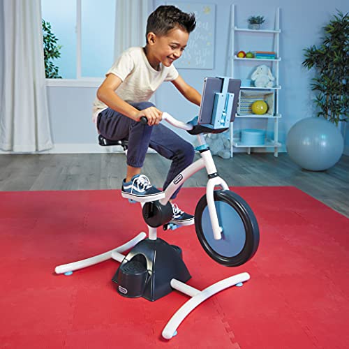 Little Tikes Pelican Explore & Fit Cycle Adjustable Play Fitness Exercise Equipment Stationary Bike with Videos and Built-in Bluetooth Speaker, For Kids Ages 3-7 Years, WHITE, BLUE