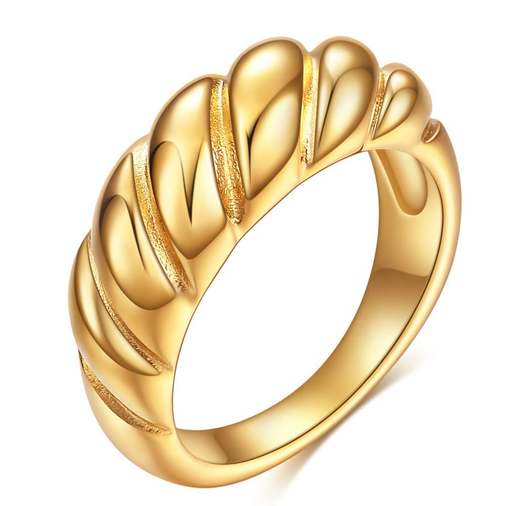 Uloveido 18K Gold Plated Croissant Ring Chunky Braided Twisted Dome Ring Band Stacking Minimalist Statement Rings (size 7)