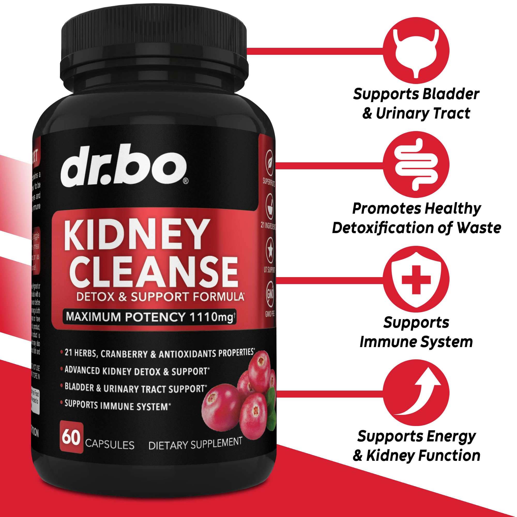 Kidney Cleanse Detox Support Supplement - Natural Cranberry, Juniper Berries, Buchu & Uva Ursi Extract to Support Kidneys, Bladder & Urinary Tract Health Supplements - Herbal Renal Blend Formula Pills