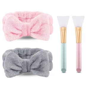 nykkola 2 pack spa headband,bowknot coral fleece elastic headband with 2 silicone face mask brush,for women girls washing face beauty skincare and sports. (gray,pink)