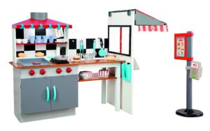 little tikes real wood drive-thru diner wooden play kitchen with realistic lights sounds and multi-sided, 40+ accessories set, gift for kids, toy for girls & boys ages 3 4 5+ years(multi color)