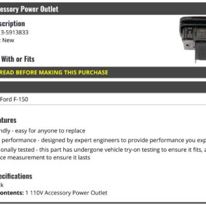 Marketplace Auto Parts 110 Volt Accessory Power Outlet - Compatible with 2011-2014 Ford F-150