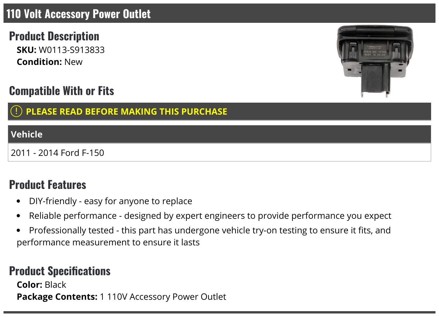 Marketplace Auto Parts 110 Volt Accessory Power Outlet - Compatible with 2011-2014 Ford F-150