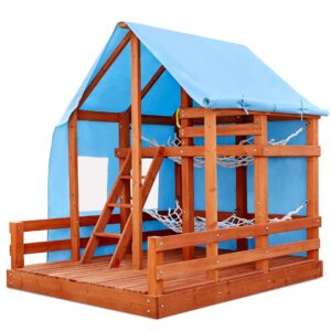 little tikes real wood adventures outdoor glamping house, backyard bungalow fun, up to 5 kids, 2 bunk hammocks, outdoor lights, wooden deck with playhouse for kids, gift for girls boys ages 3 +years