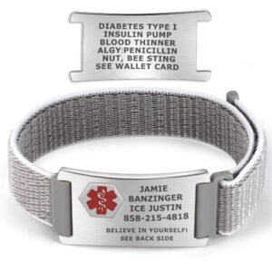 divoti easy-to-wear custom engraved adjustable medical alert id bracelets for men and women — woven loop & velcro closure (fit up to 8.5”) / red/gray