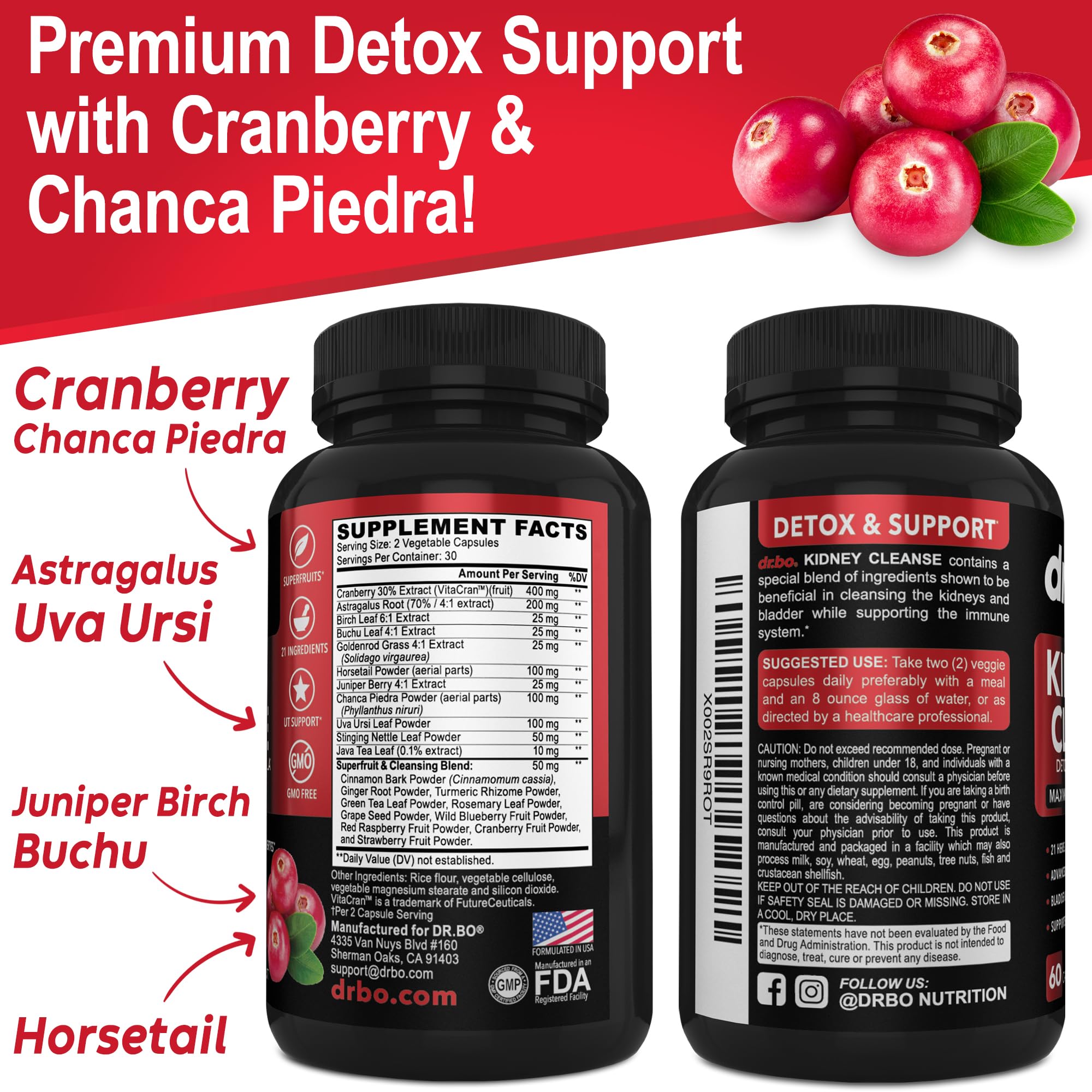 Kidney Cleanse Detox Support Supplement - Natural Cranberry, Juniper Berries, Buchu & Uva Ursi Extract to Support Kidneys, Bladder & Urinary Tract Health Supplements - Herbal Renal Blend Formula Pills