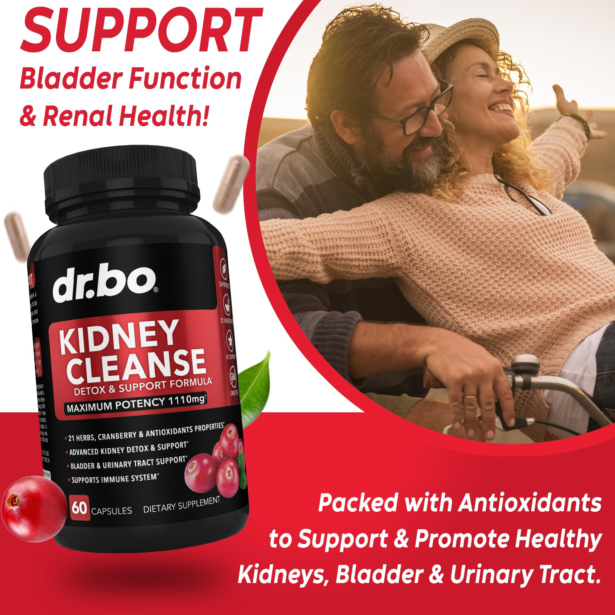 Kidney Cleanse Detox Support Supplement - Natural Cranberry, Juniper Berries, Buchu & Uva Ursi Extract to Support Kidneys, Bladder & Urinary Tract Health Supplements - Herbal Renal Blend Formula Pills