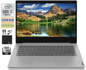 lenovo 2021 newest ideapad 3 14" fhd screen laptop computer, intel quad-core i5-1035g1 up to 3.6ghz (beats i7-8550u), 12gb ddr4 ram, 512gb pci-e ssd, webcam, wifi, hdmi, windows 10 + marxsol cables