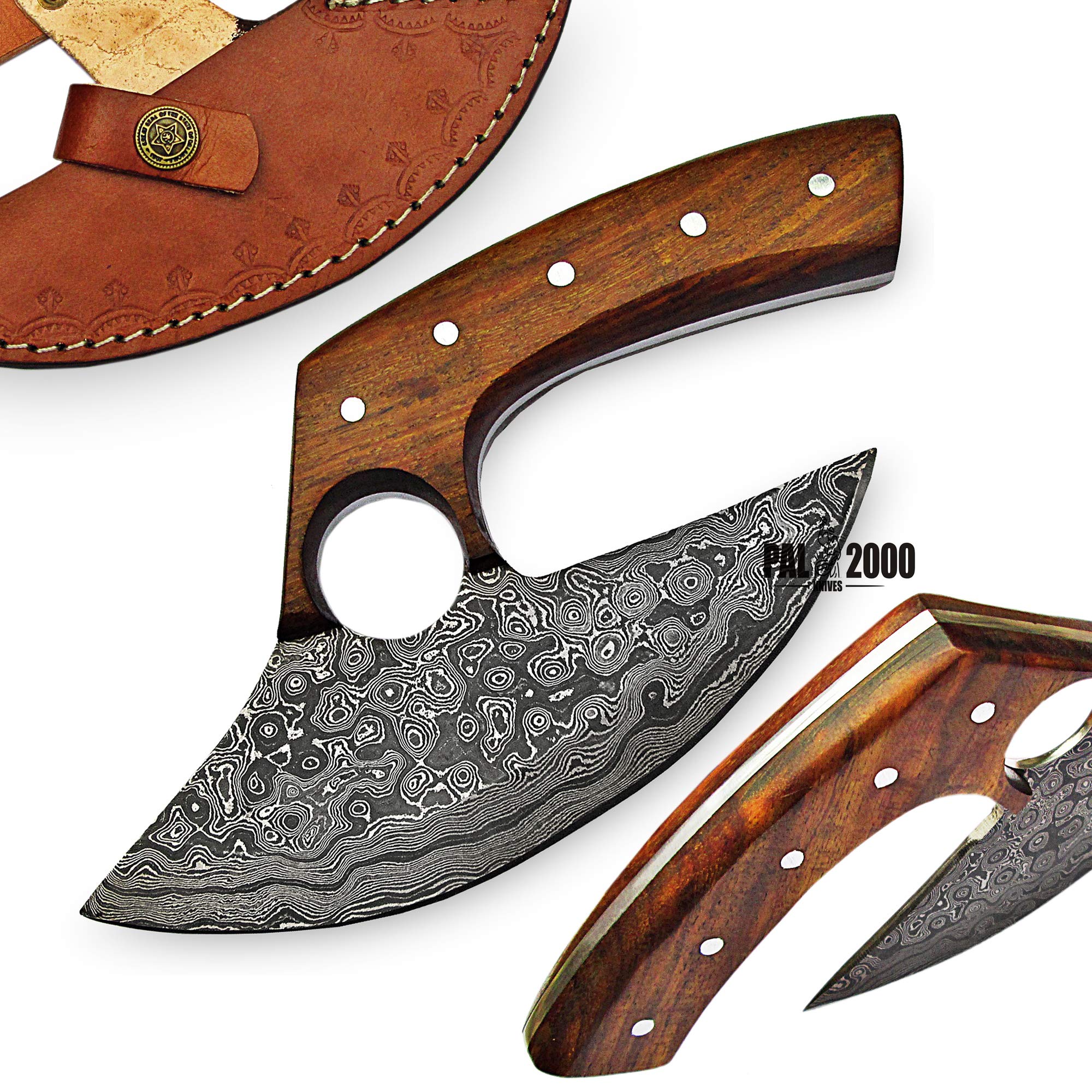 PAL 2000 KNIVES ULU-9881 Handmade Damascus Steel 6 Inch Blade Ulu Knife Rosewood Handle