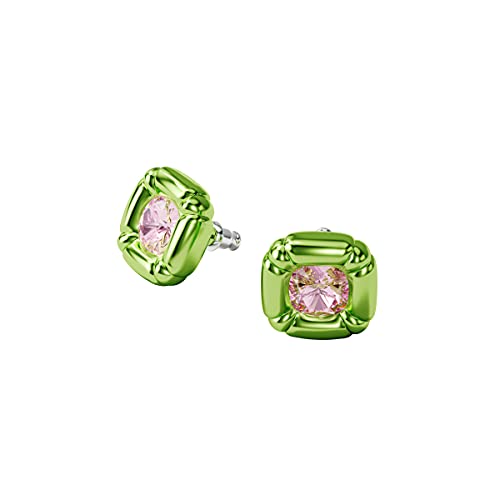 SWAROVSKI Dulcis Pierced Stud Earrings, Pink Precision-Cut Crystals on Glossy Bright Green Setting, Part of the Swarovski Dulcis Collection