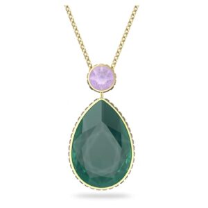 swarovski chroma pendant necklace, dual-sided green and lilac drop-cut crystals with a gold-tone finish chain, part of the chroma collection