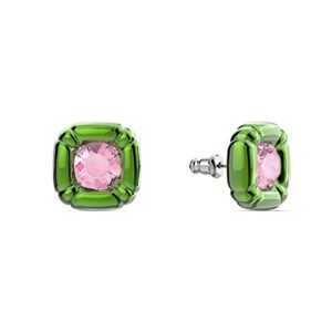 SWAROVSKI Dulcis Pierced Stud Earrings, Pink Precision-Cut Crystals on Glossy Bright Green Setting, Part of the Swarovski Dulcis Collection