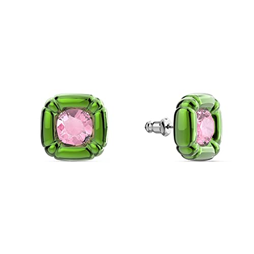 SWAROVSKI Dulcis Pierced Stud Earrings, Pink Precision-Cut Crystals on Glossy Bright Green Setting, Part of the Swarovski Dulcis Collection