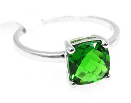 R90808G Classic Style Green Helenite Cushion Cut 8mm (1.6Ct) Sterling Silver Ring (Green, 7)