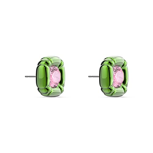 SWAROVSKI Dulcis Pierced Stud Earrings, Pink Precision-Cut Crystals on Glossy Bright Green Setting, Part of the Swarovski Dulcis Collection