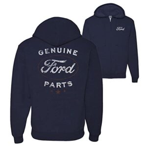 wild bobby vintage distressed genuine ford parts cars and trucks front and back graphic zip up hoodie sweatshirt, navy, xx-large