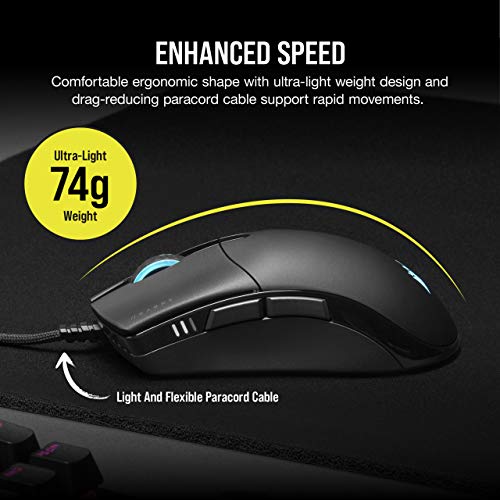 CORSAIR SABRE RGB PRO CHAMPION SERIES FPS/MOBA Gaming Mouse - Ergonomic Shape for Esports and Competitive Play - Ultra-Lightweight 74g - Flexible Paracord Cable,Black