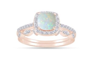 cushion cut lab created opal and 0.25 cttw white natural diamond frame art deco bridal set engagement ring in 10k solid rose gold ring size-7