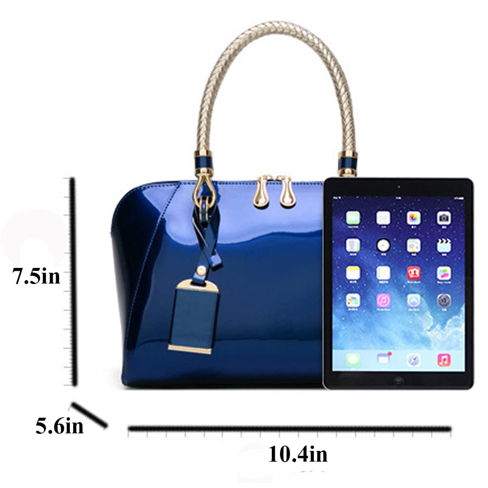 ZiMing Glossy Patent Leather Handbags for Women Top Handle Purse Satchel Bag Stylish Handbag Medium Tote Bags Shoulder Bag Evening Bag-Blue